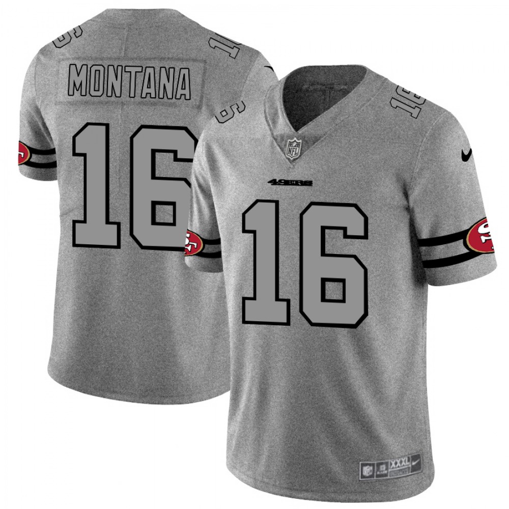 Men's San Francisco 49ers #16 Joe Montana 2019 Gray Gridiron Team Logo ...